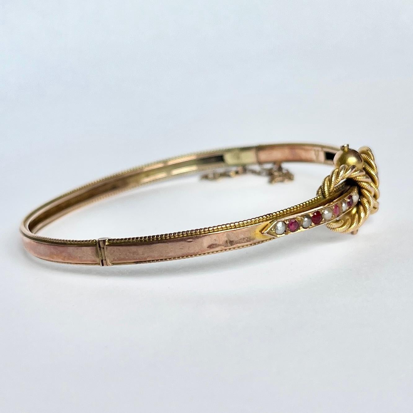 Victorian Ruby and Pearl 9 Carat Gold Bangle For Sale at 1stDibs
