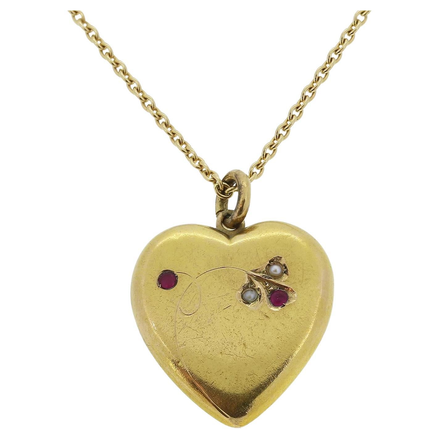 Victorian Ruby and Pearl Heart Locket Necklace For Sale at 1stDibs