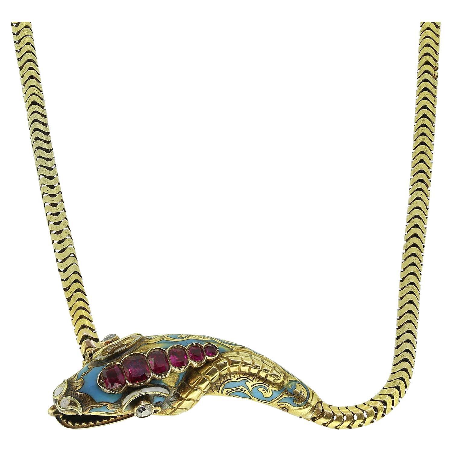 Victorian Ruby Diamond and Enamel Snake Necklace For Sale at 1stDibs