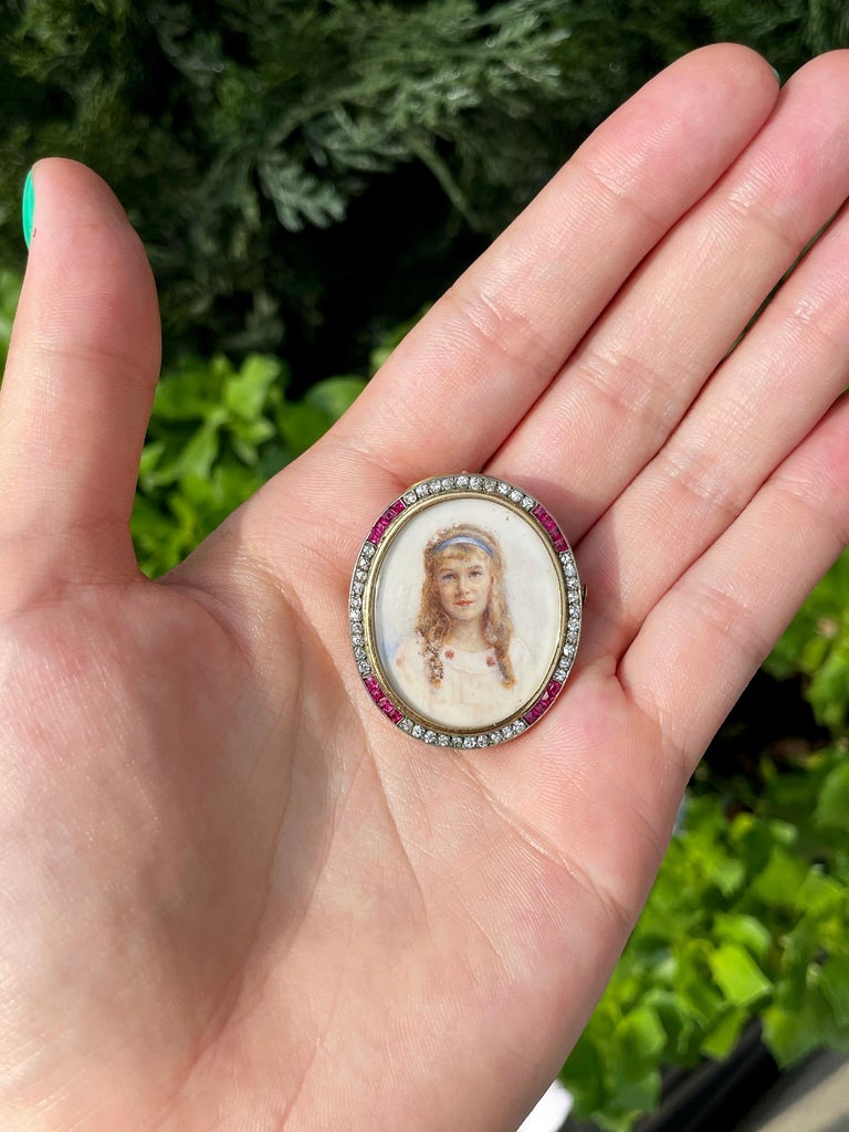 Victorian Ruby Diamond Bone Miniature Girl Portrait Brooch at 1stDibs