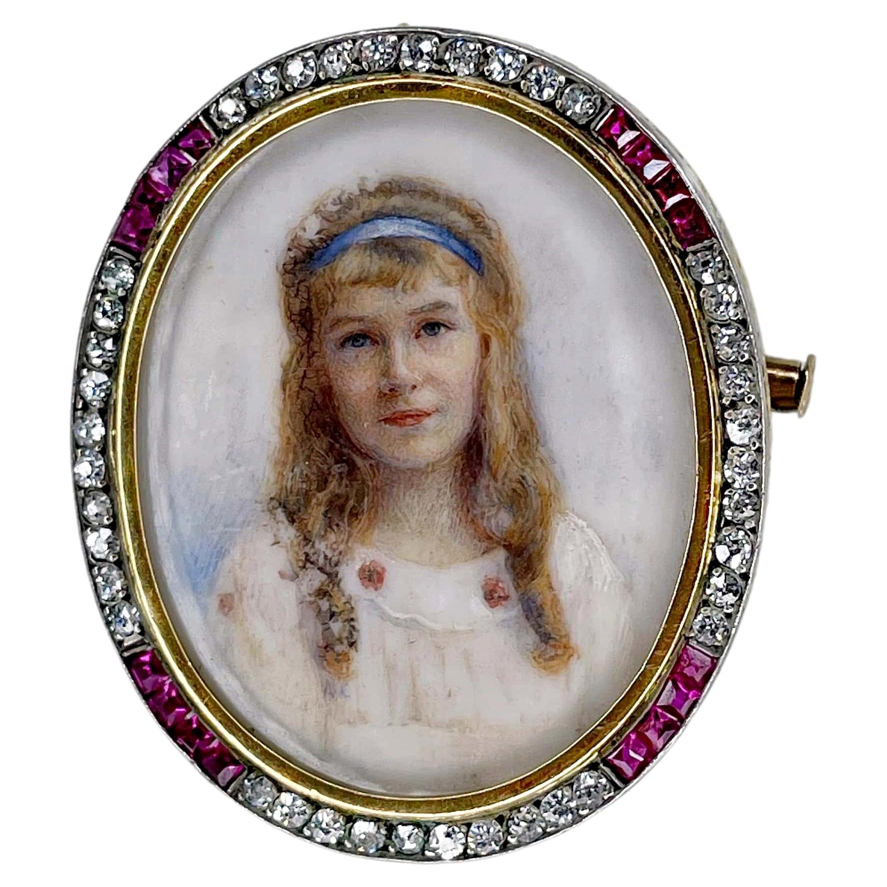 Victorian Ruby Diamond Bone Miniature Girl Portrait Brooch at 1stDibs