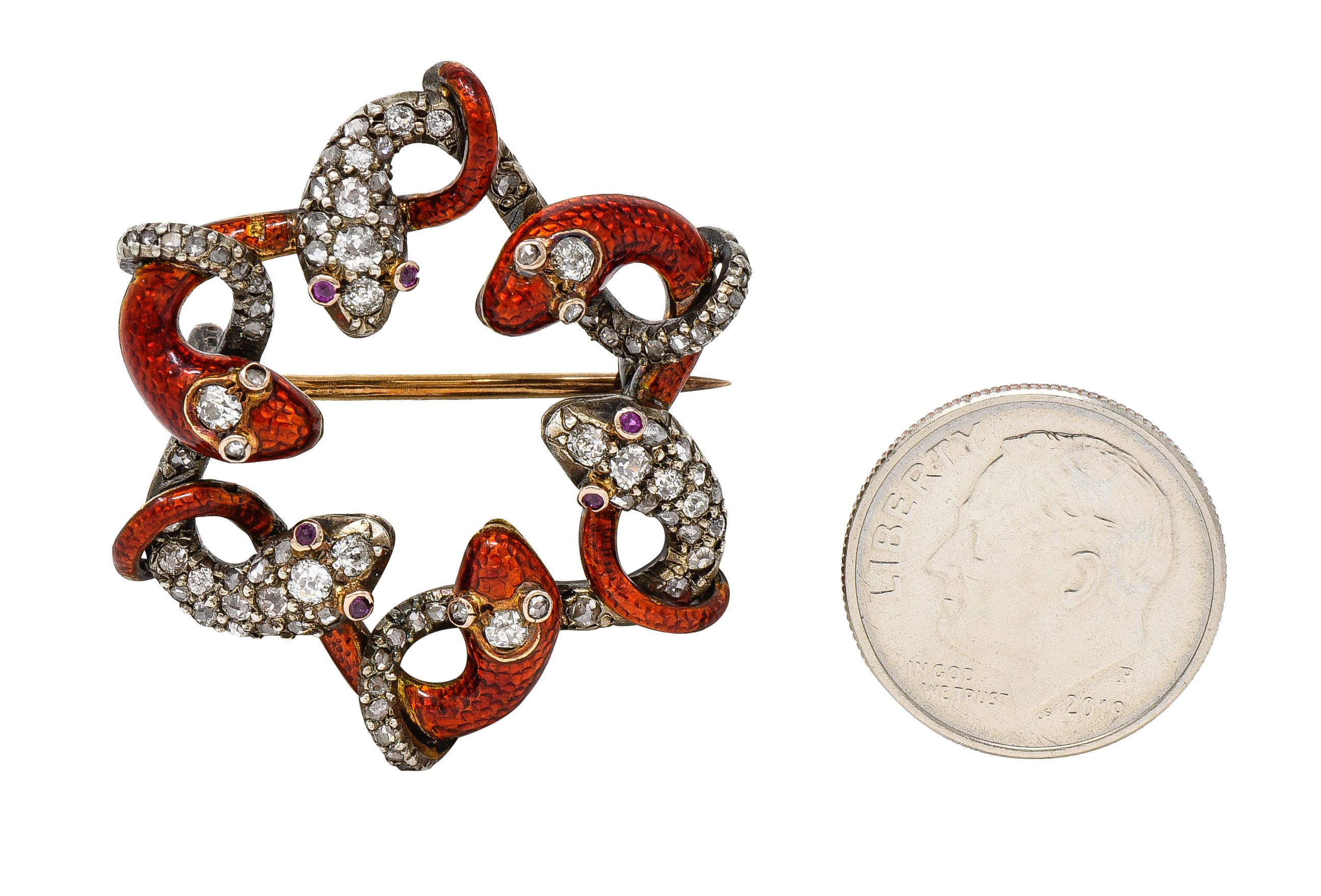 Victorian Ruby Enamel Silver-Topped 18 Karat Yellow Gold Snake Circle ...