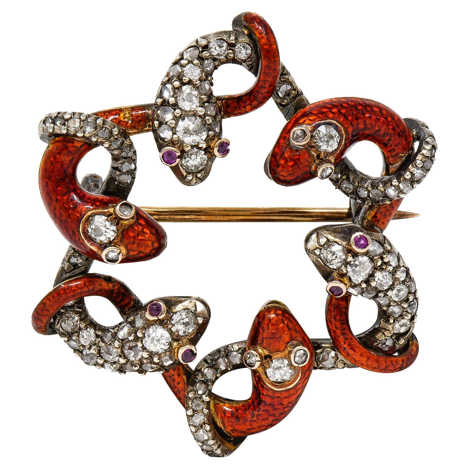 Victorian Ruby Enamel Silver-Topped 18 Karat Yellow Gold Snake Circle ...