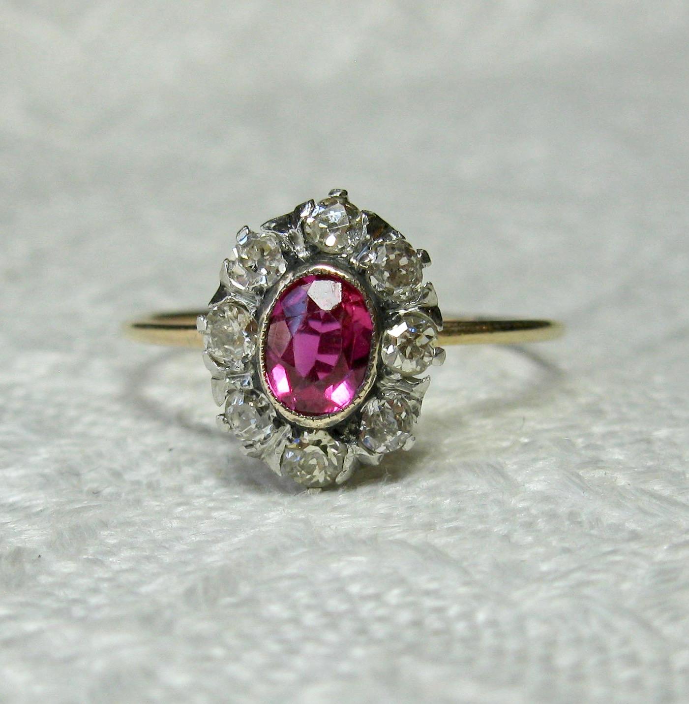 Victorian Ruby Ring Old Mine Cut Diamond Halo 14 Karat Gold Antique ...