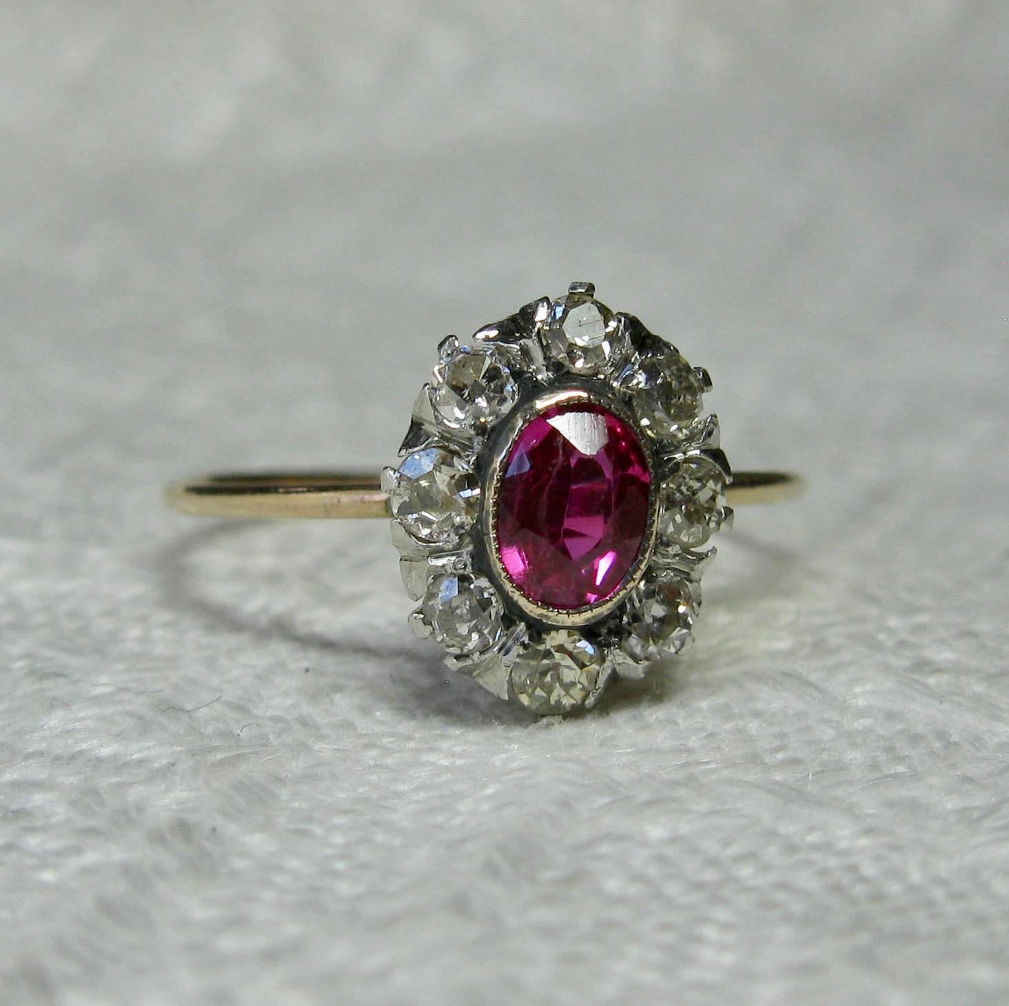 Victorian Ruby Ring Old Mine Cut Diamond Halo 14 Karat Gold Antique ...