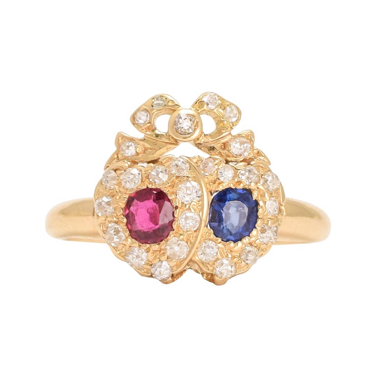 Victorian Ruby Sapphire and Diamond Bowed Double Heart Ring at 1stDibs