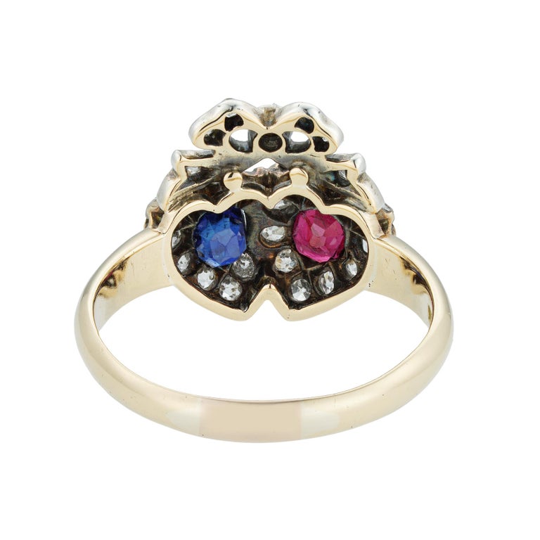 Victorian Ruby, Sapphire and Diamond Double Heart Ring For Sale at 1stDibs