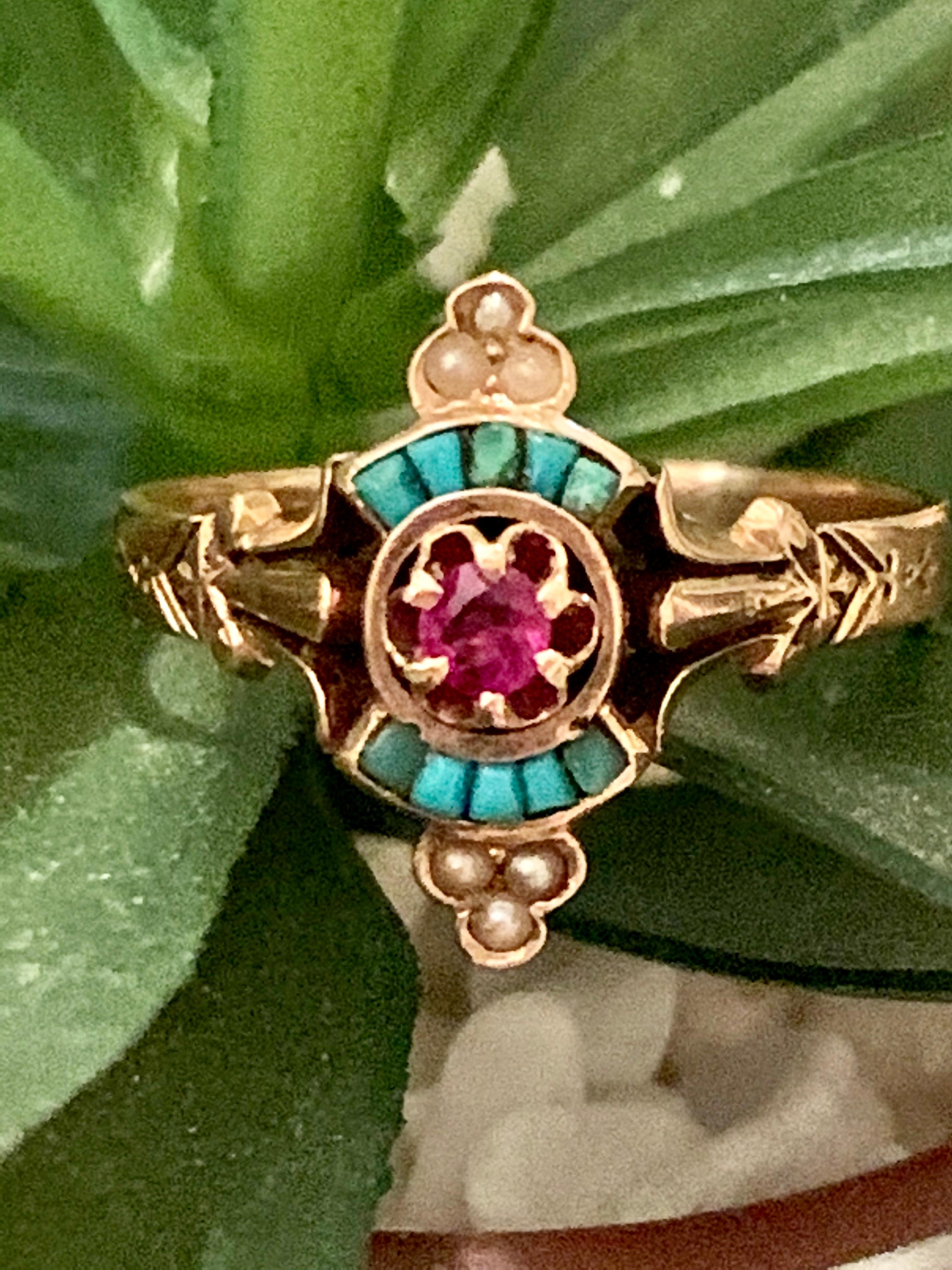 Victorian Ruby, Turquoise and See Pearl 14 Karat Yellow Gold Ring at ...