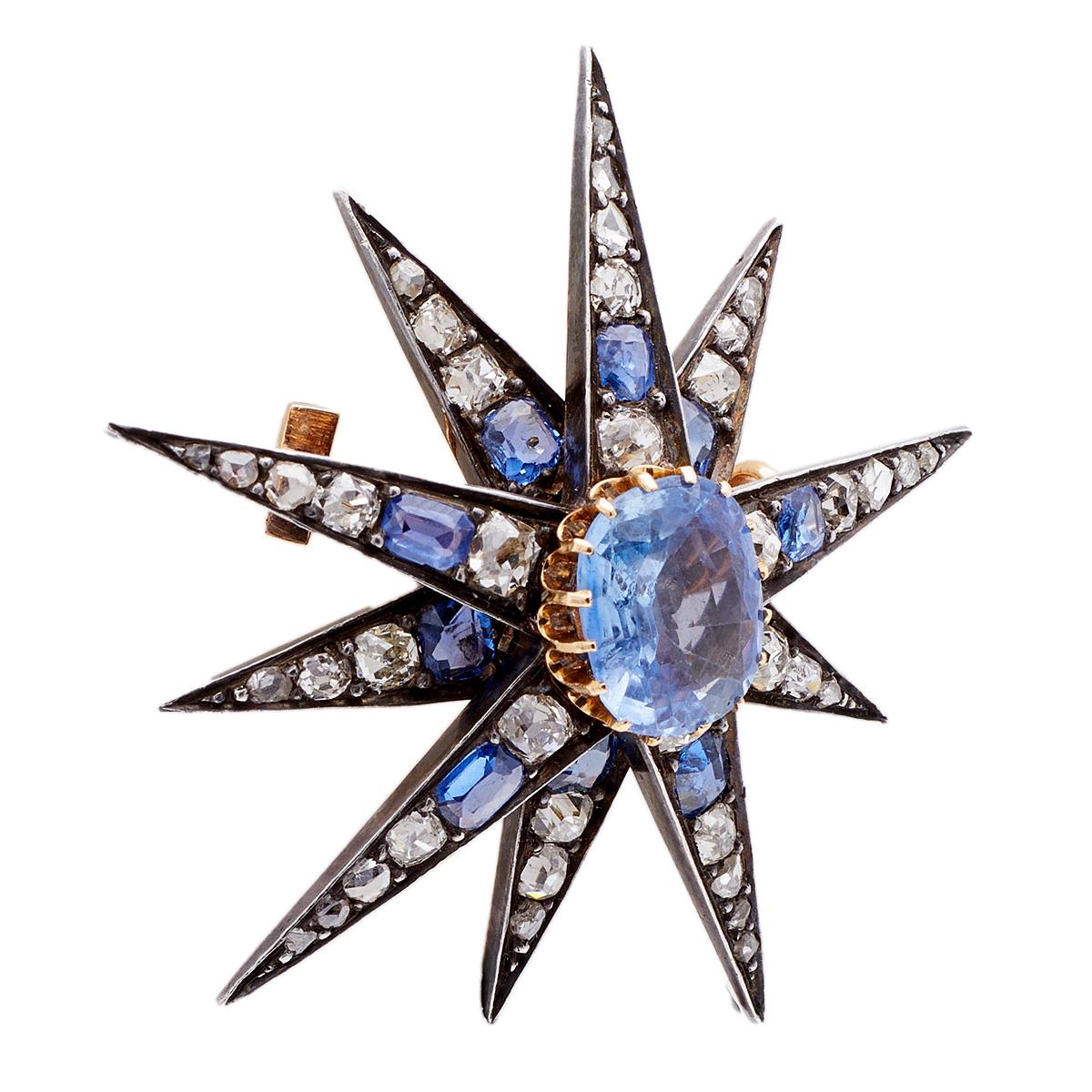Victorian Sapphire and Diamond Silver 14k Yellow Gold Celestial Star ...