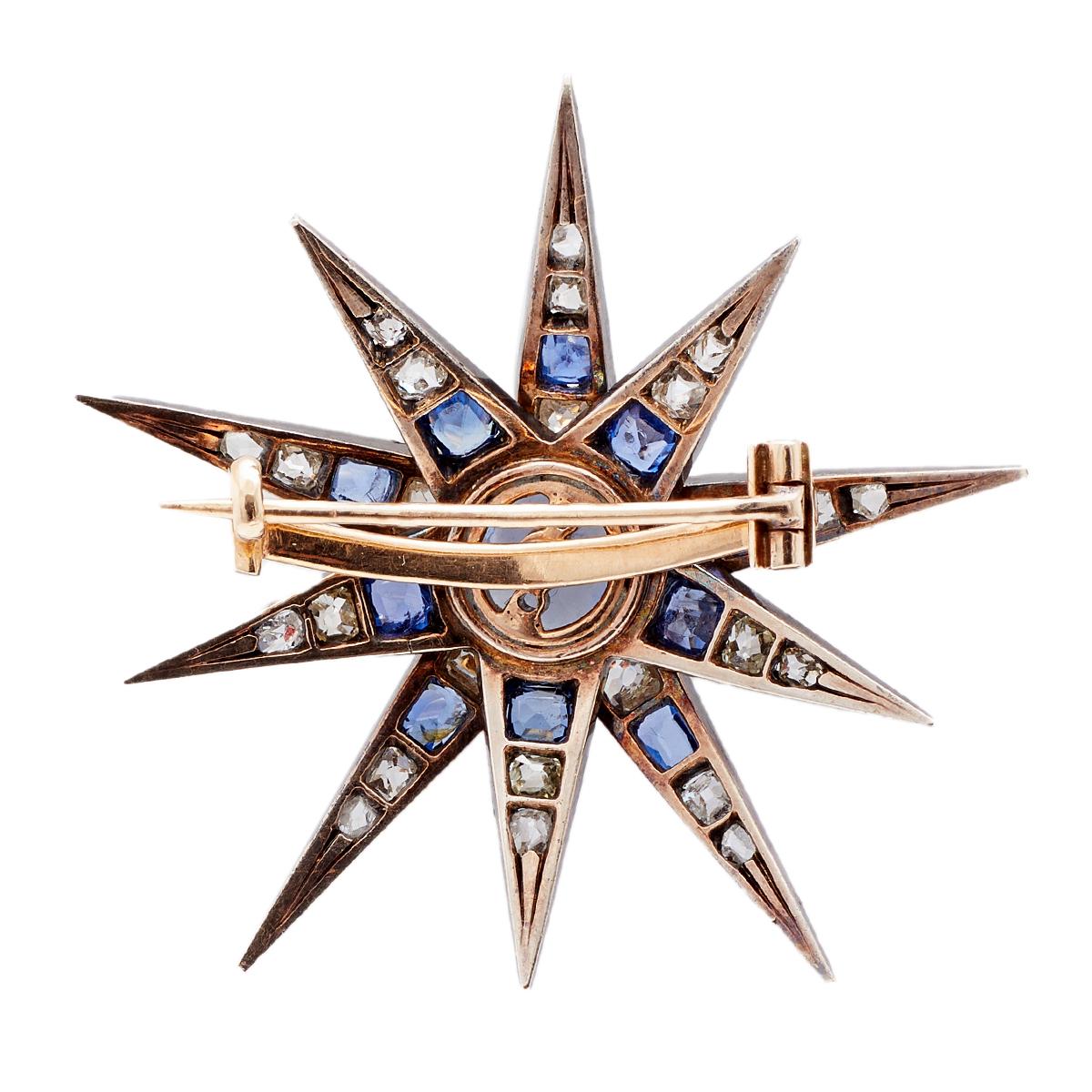 Victorian Sapphire and Diamond Silver 14k Yellow Gold Celestial Star ...