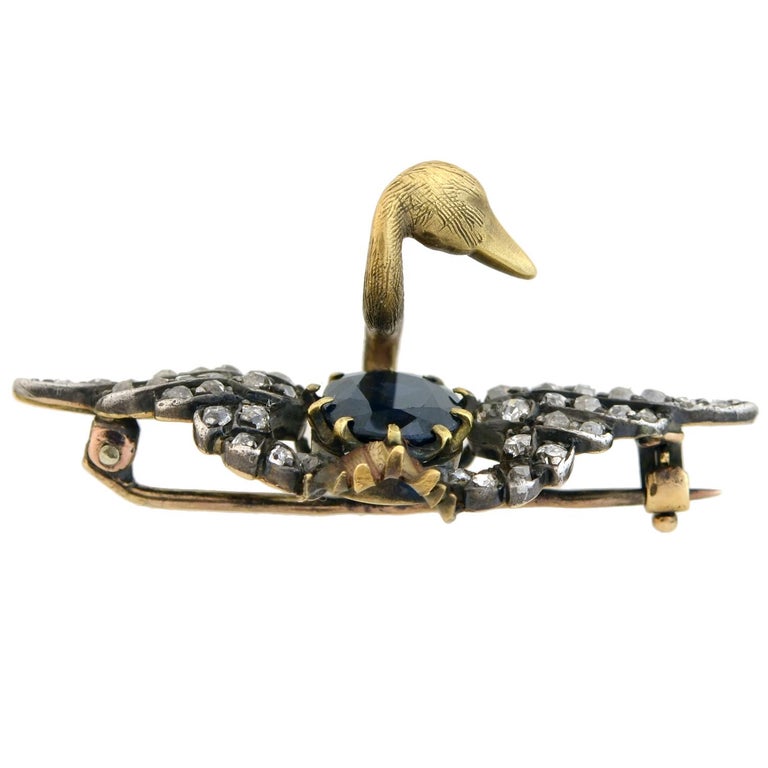 Victorian Sapphire Rose Cut Diamond 3-Dimensnional Swan Brooch For Sale ...