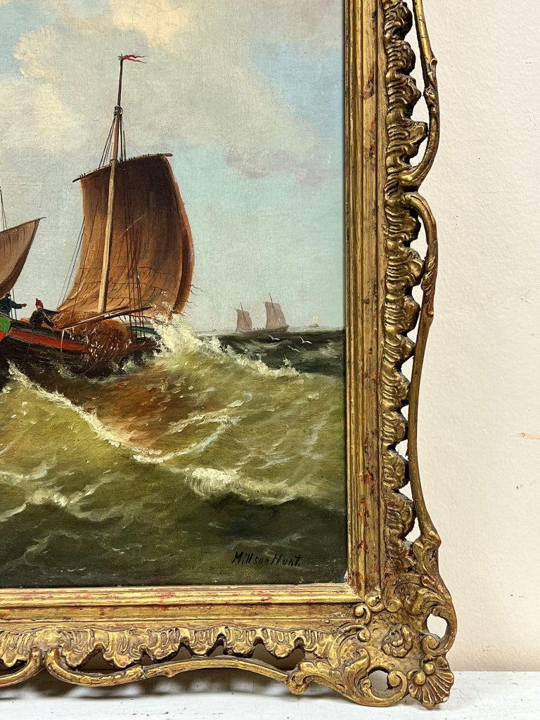 Victorian School - Fine 19th Century British Oil Painting Fishing Boats Choppy Seas leaving Port ...