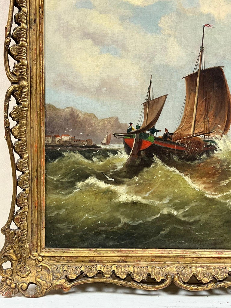 Victorian School - Fine 19th Century British Oil Painting Fishing Boats Choppy Seas leaving Port ...