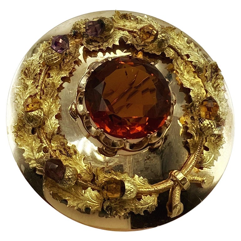 Victorian Scottish Kilt Brooch in 14 Karat Gold, Citrine and Amethyst ...