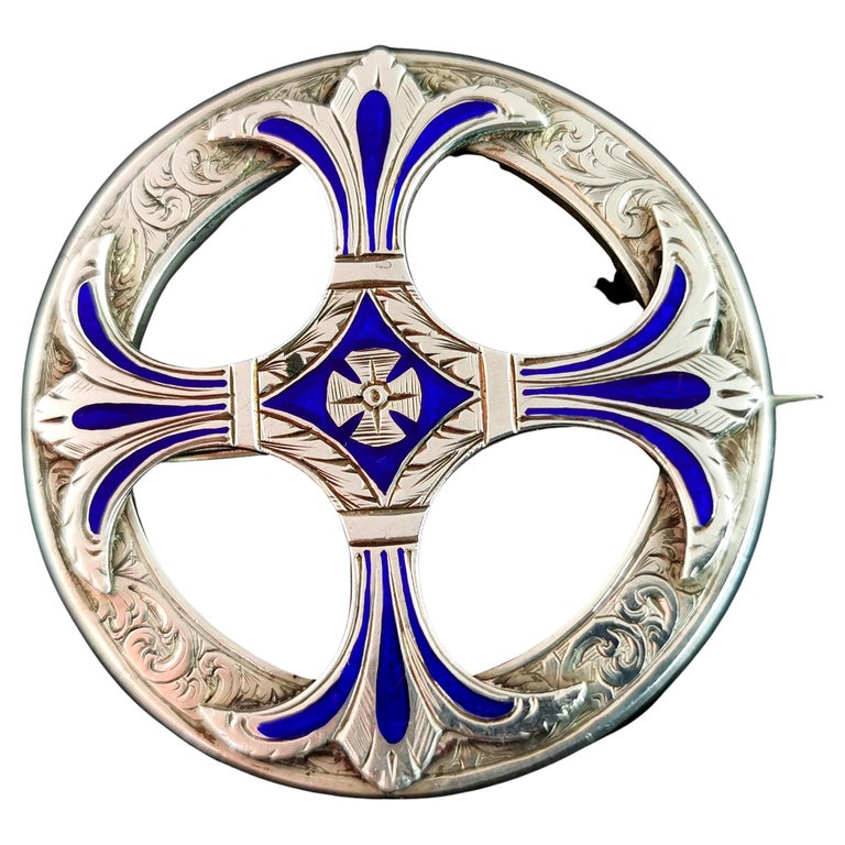 Victorian Scottish Silver Celtic Cross Brooch, Sterling Silver and Blue ...