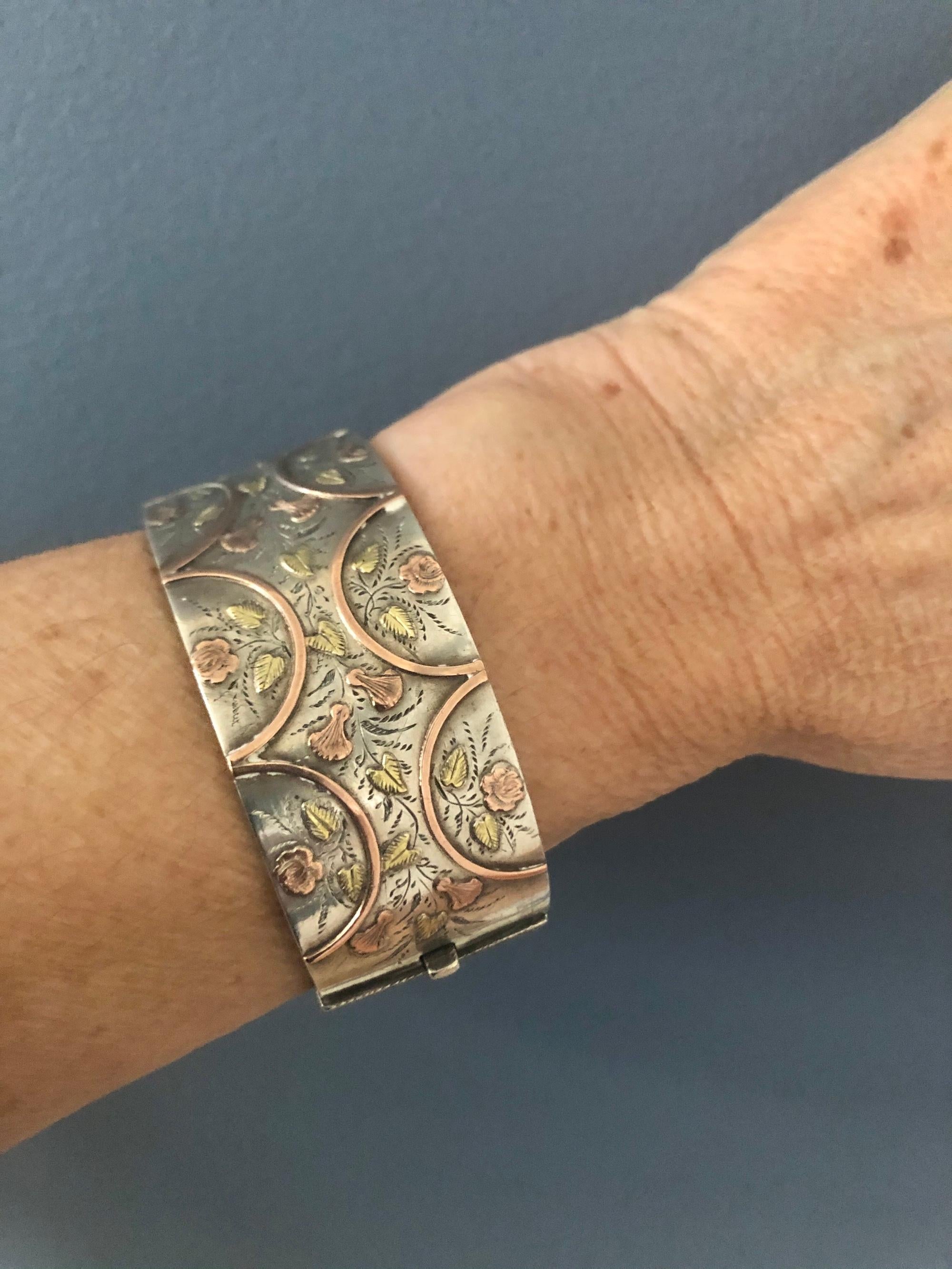 Victorian Silver and Gold Bangle with Roses, Leaves, and Lillies, circa ...