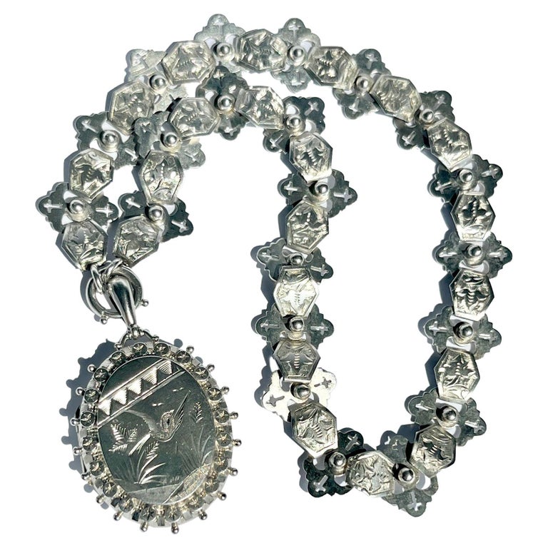 Victorian Silver Fancy Collar Necklace and Locket For Sale at 1stDibs