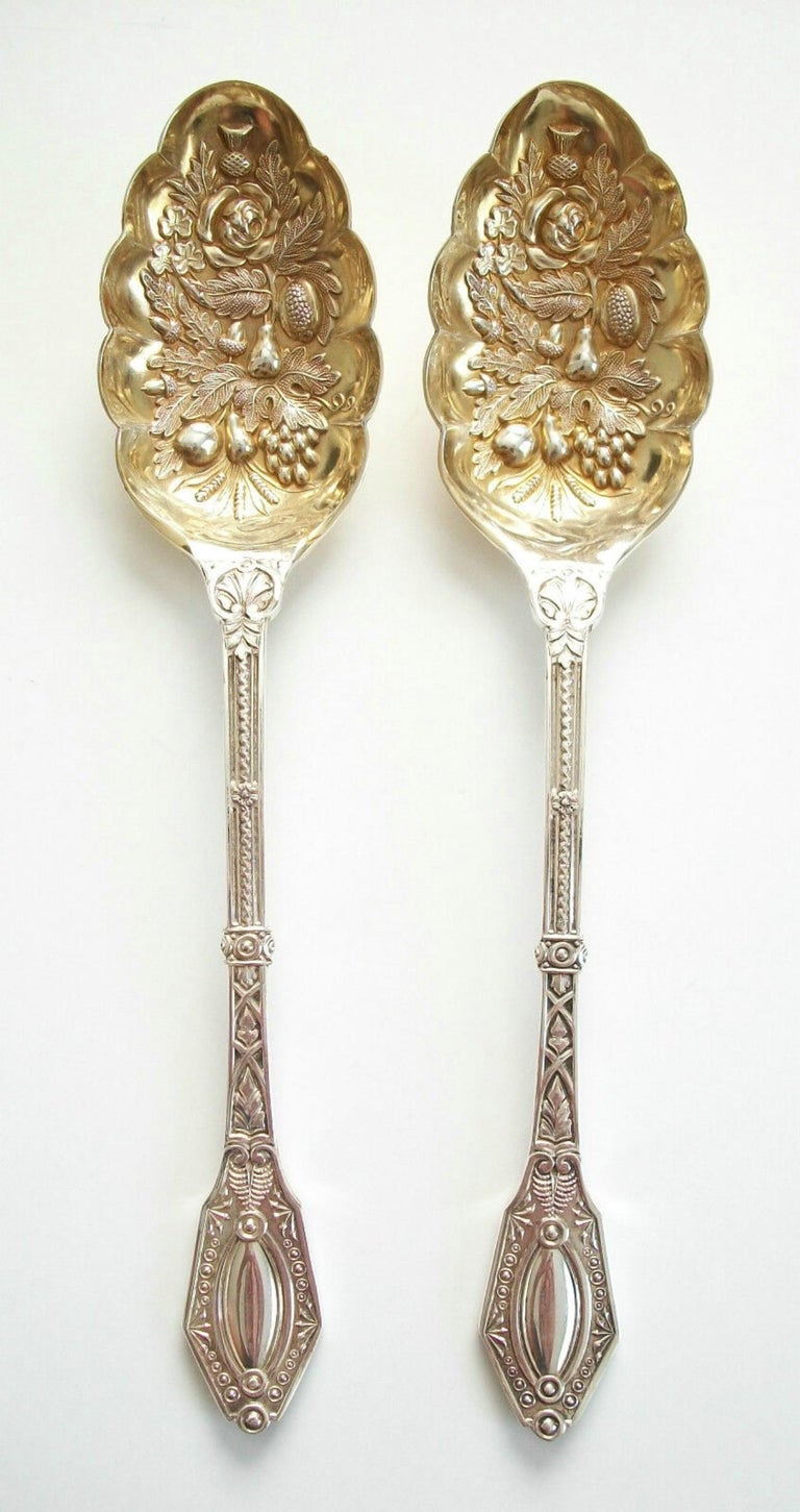Victorian Silver Plate Berry Serving Spoons, Leather Case, U.K., 1878 ...
