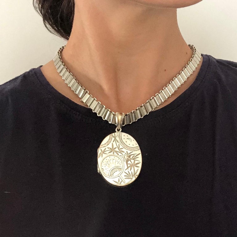 Victorian Silver Plated Locket and Collar Chain Necklace at 1stDibs