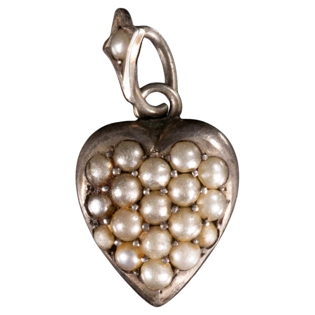 Victorian Silver Seed Pearl Heart Pendant For Sale at 1stDibs