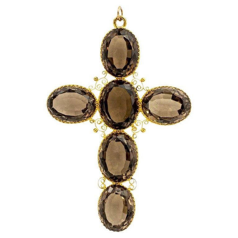 Victorian Smoky Quartz Gold Cross Pendant For Sale at 1stDibs