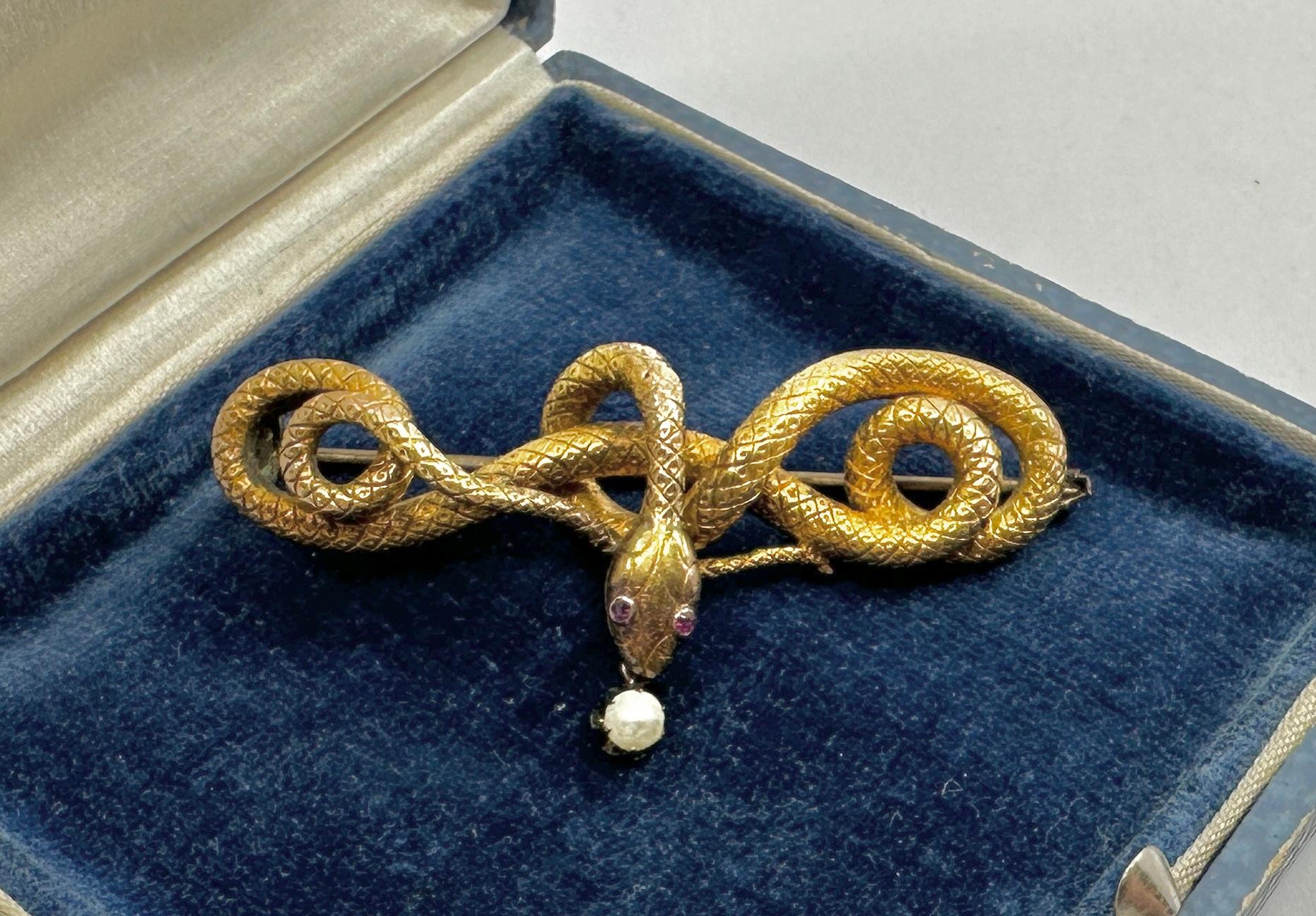 Victorian Snake Serpent Brooch Ruby Eyes Pendant Necklace Antique 14 ...
