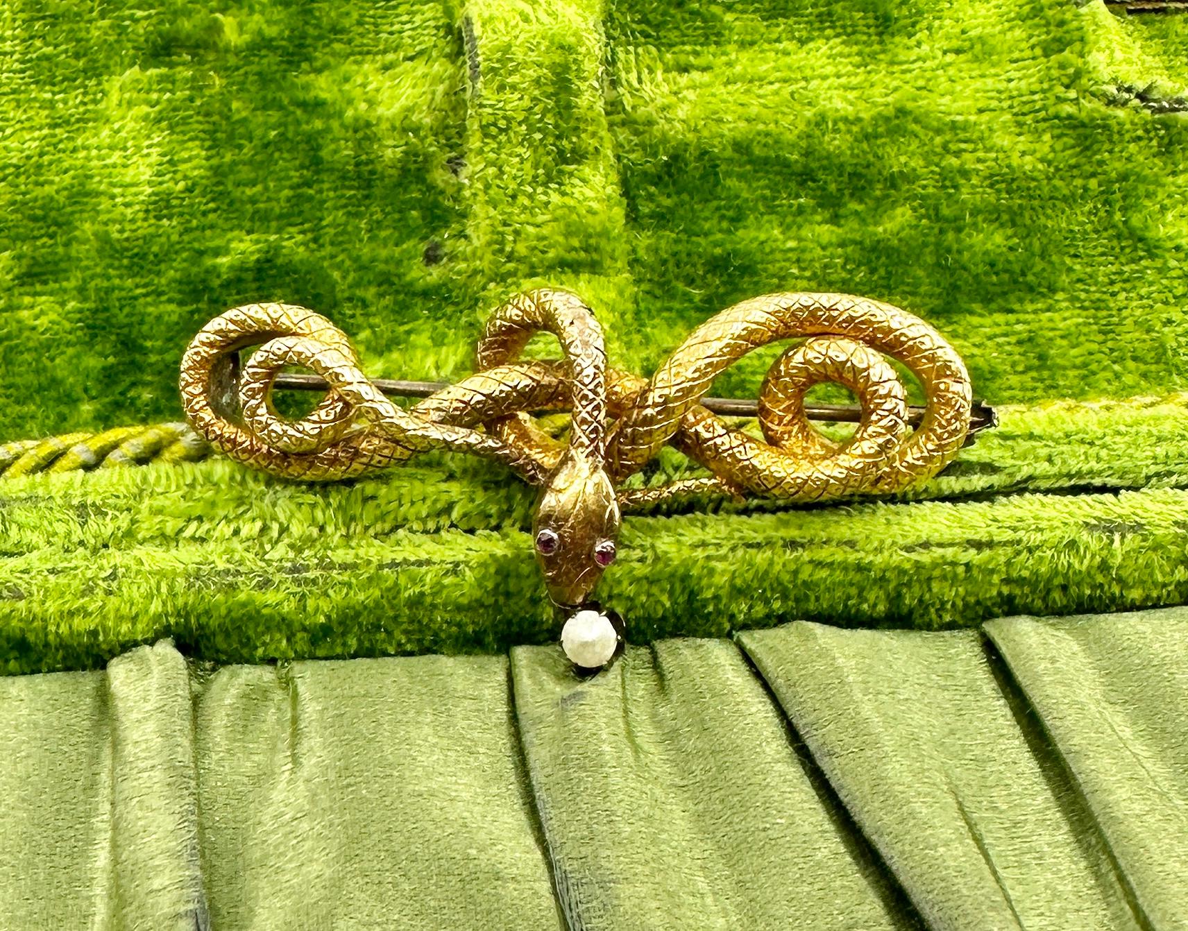 Victorian Snake Serpent Brooch Ruby Eyes Pendant Necklace Antique 14 ...