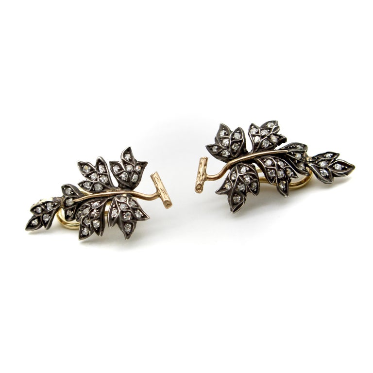 Victorian Sterling Silver and 14K Gold Diamond Leaf Earrings For Sale ...