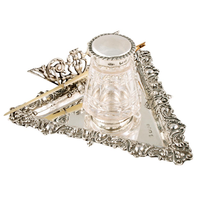 Victorian Sterling Silver Inkwell Stand For Sale at 1stDibs