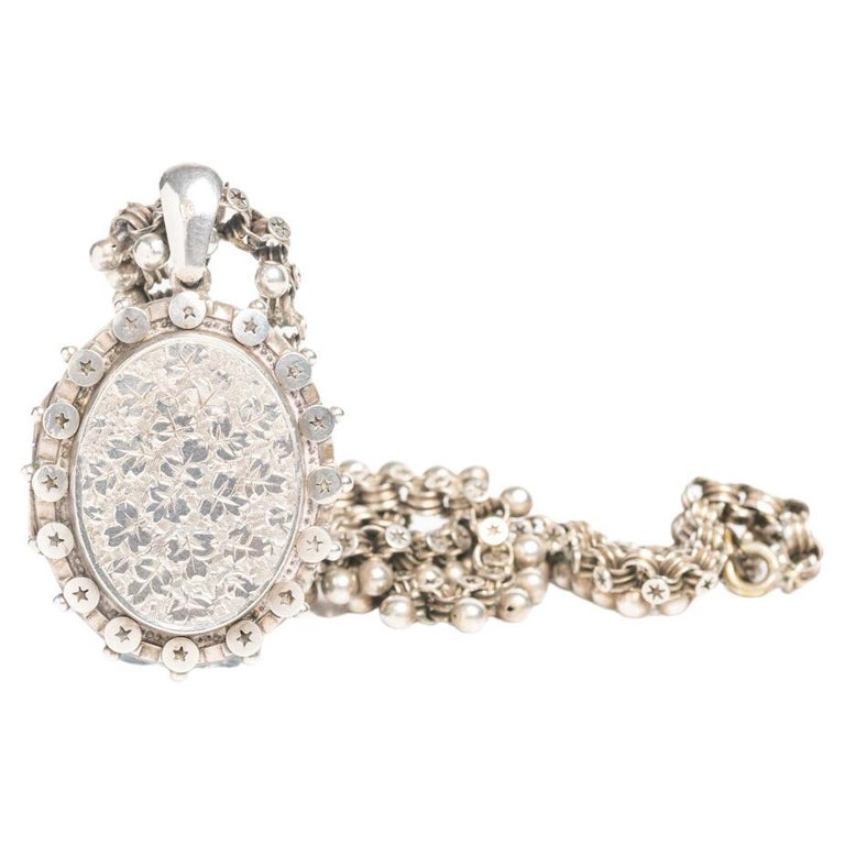Victorian Sterling Silver Locket with a Necklace For Sale at 1stDibs