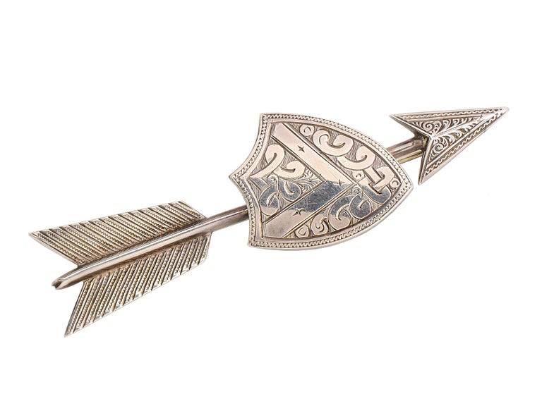 Victorian Sterling Silver Shield and Arrow Brooch For Sale at 1stDibs