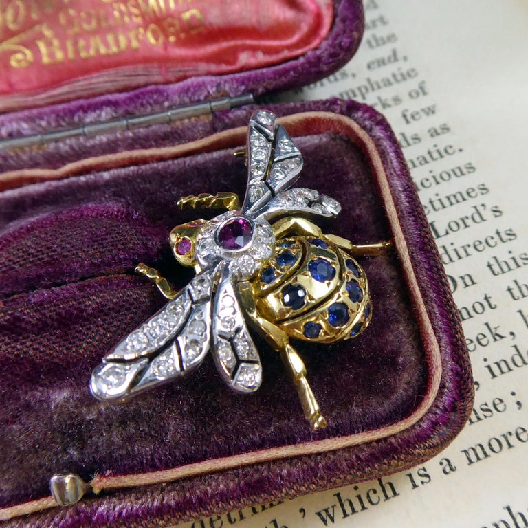 Victorian Style Bee Insect Brooch with Diamonds, Ruby and Sapphires at ...
