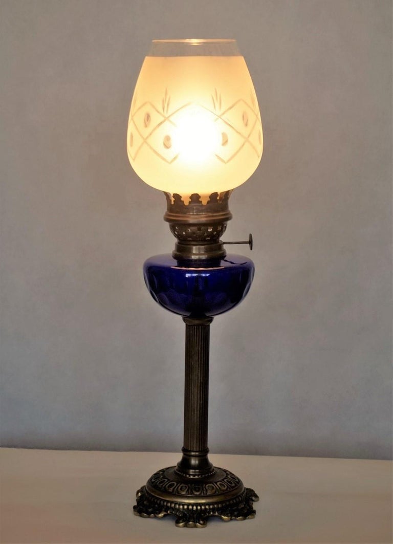 Victorian Bronze Cobalt Blue Glass Font Oil Lamp Converted to Electric ...