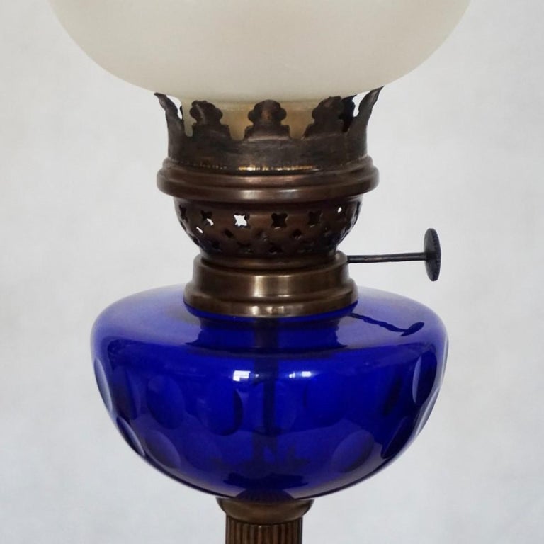 Victorian Bronze Cobalt Blue Glass Font Oil Lamp Converted to Electric ...