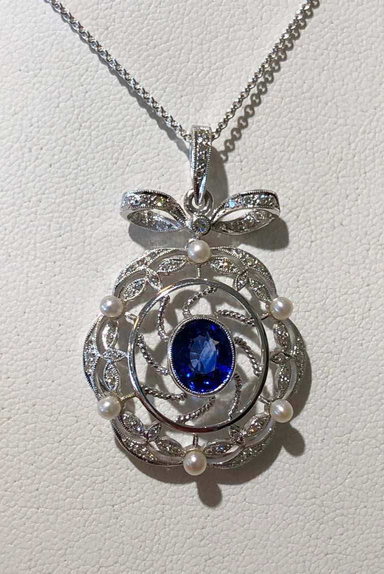 Victorian Style Ceylon Sapphire Diamond Pearl Gold Pendant For Sale at ...