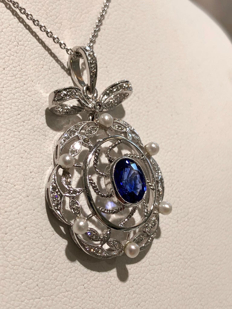 Victorian Style Ceylon Sapphire Diamond Pearl Gold Pendant For Sale at ...
