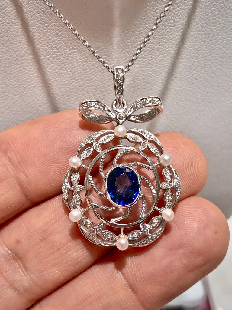 Victorian Style Ceylon Sapphire Diamond Pearl Gold Pendant For Sale at ...