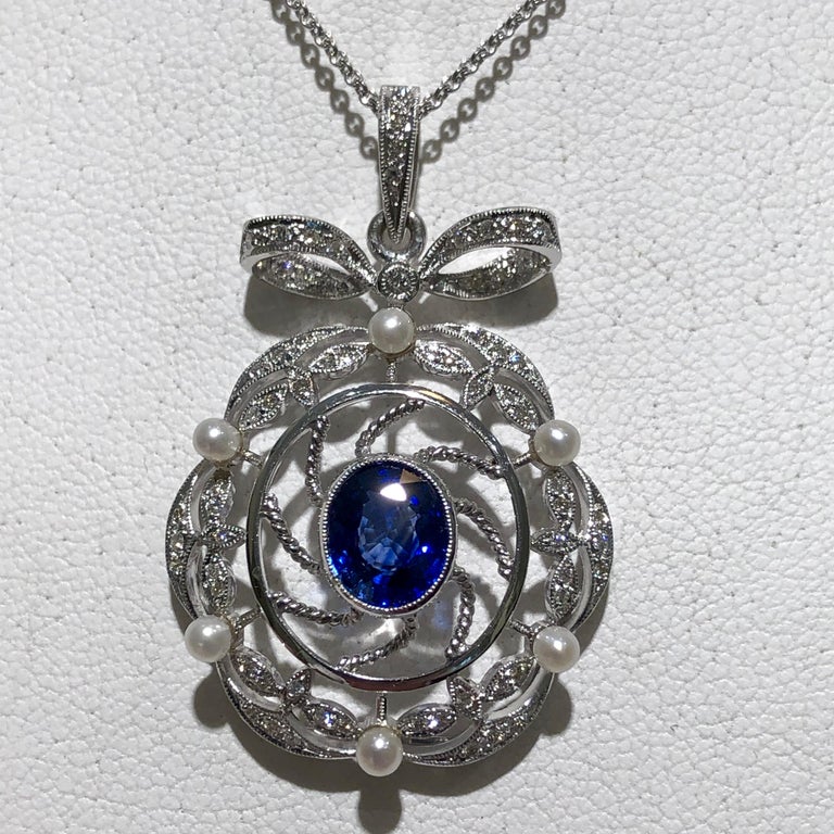 Victorian Style Ceylon Sapphire Diamond Pearl Gold Pendant For Sale at ...