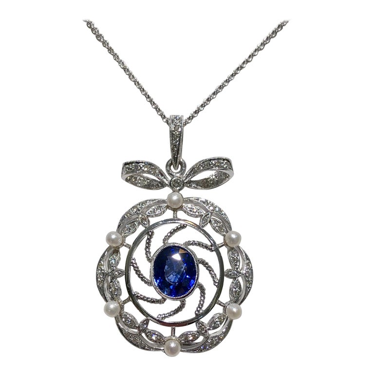 Victorian Style Ceylon Sapphire Diamond Pearl Gold Pendant For Sale at ...