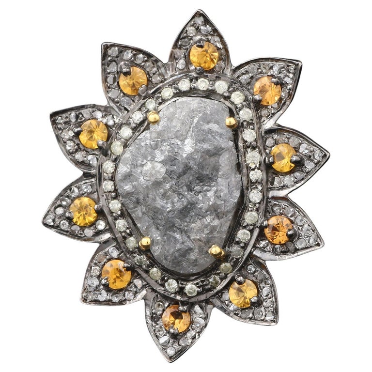 Victorian Style Diamond Silver Citrine Gemstone Flower Shape Cocktail ...