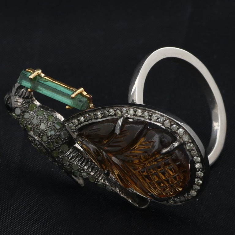 Victorian Style Diamond Silver Multi Gemstone Parrot Shape Cocktail ...
