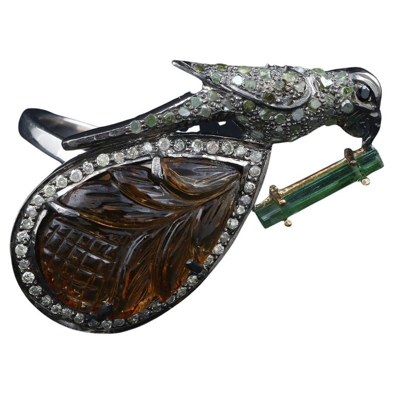 Victorian Style Diamond Silver Multi Gemstone Parrot Shape Cocktail ...