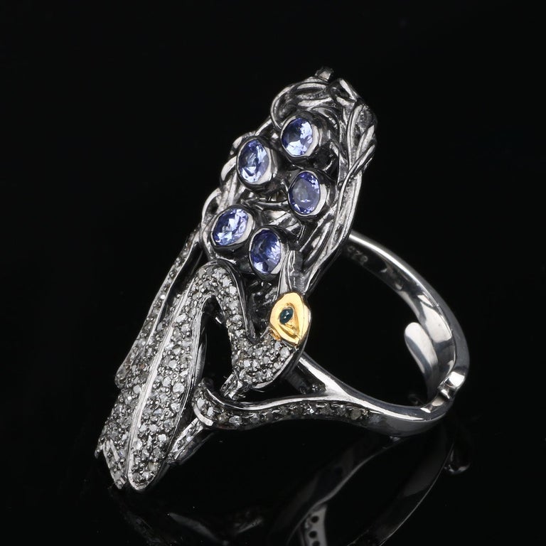 Victorian Style Diamond Silver Tanzanite Swan Shape Cocktail Finger ...