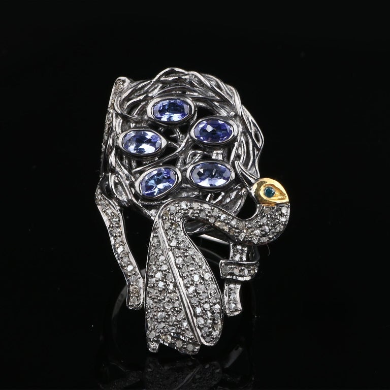 Victorian Style Diamond Silver Tanzanite Swan Shape Cocktail Finger ...