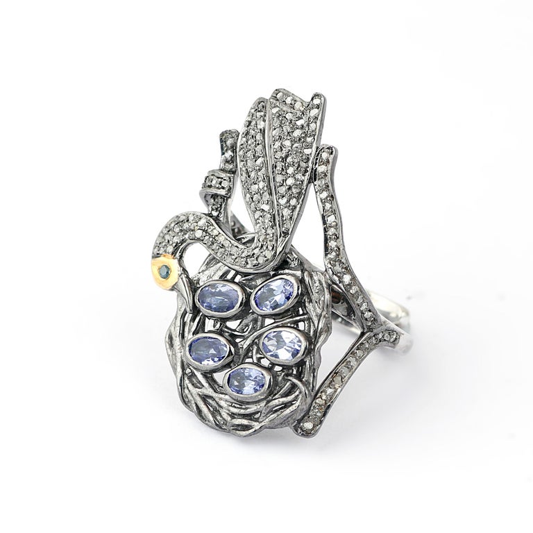 Victorian Style Diamond Silver Tanzanite Swan Shape Cocktail Finger ...