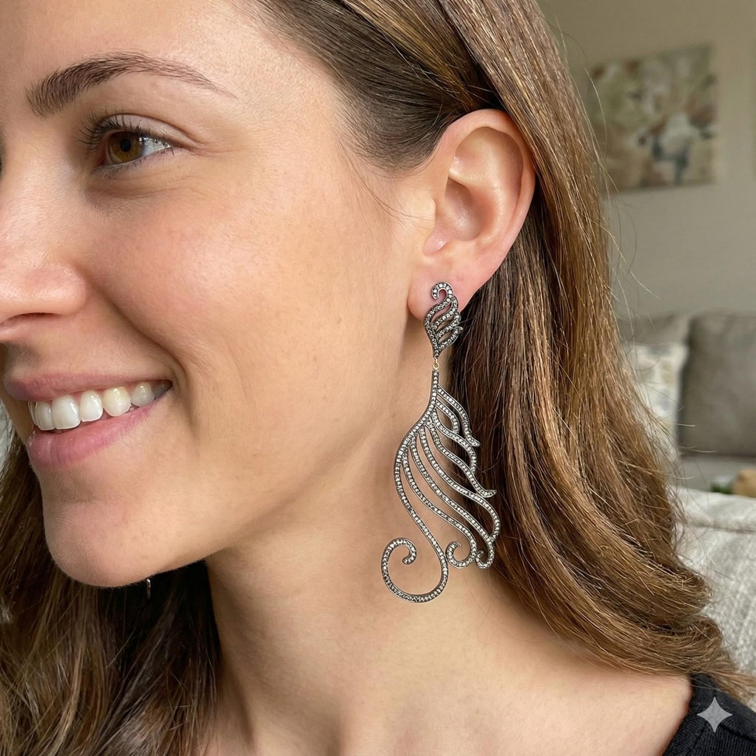 Victorian Style Exquisite Diamond Feather Wing Dangle Earrings In Gold ...