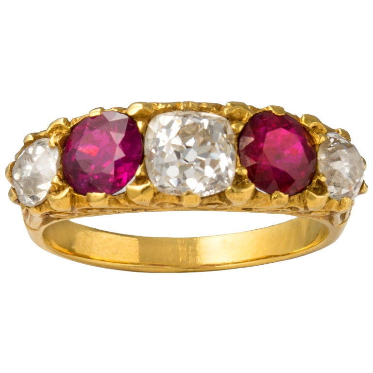 Victorian Style Five-Stone Ruby and Diamond Ring For Sale at 1stDibs