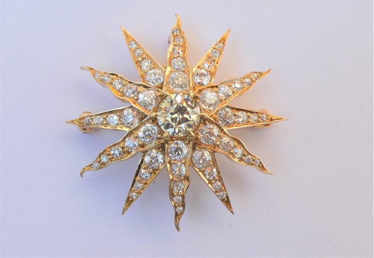 Victorian Twelve-Rayed Star Sunburst Gold Diamond Brooch Pendant For ...