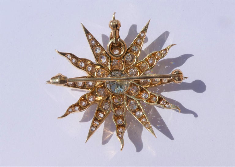 Victorian Twelve-Rayed Star Sunburst Gold Diamond Brooch Pendant For ...