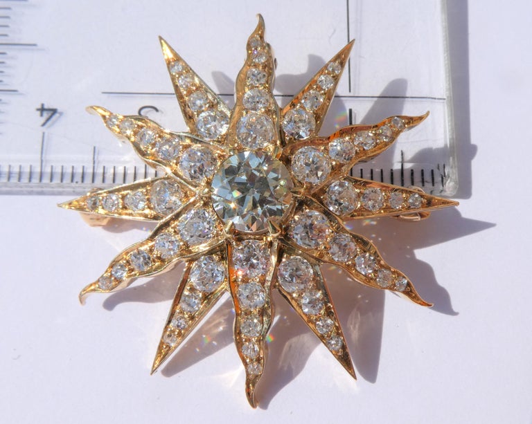 Victorian Twelve-Rayed Star Sunburst Gold Diamond Brooch Pendant For ...